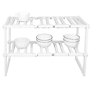 2-Tier Under Sink Organizer, Kitchen Sink Caddy Organizer, Sink Rack Cabinet Organizer Storage Telescopic Shelf for Kitchen Bathroom, White