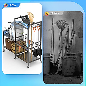 POLARPRA Garden Tool Organizer, Garden Tool Storage Rack with 6 Hooks and 2-tier Metal Shelves, Yard Tool Organizer Cart for Garage with Wheels Stand up to 35 Long-Handled Tools for Shed, Outdoor