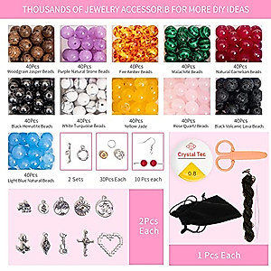 PAVA 440Pcs Crystal Beads for Bracelet Making Kit, 8mm Gemstone Beads Jewelry Making,Round Natural Stone Beads with Spacer Beads and Pendant Charms for DIY Jewelry Bracelets and Necklace Making