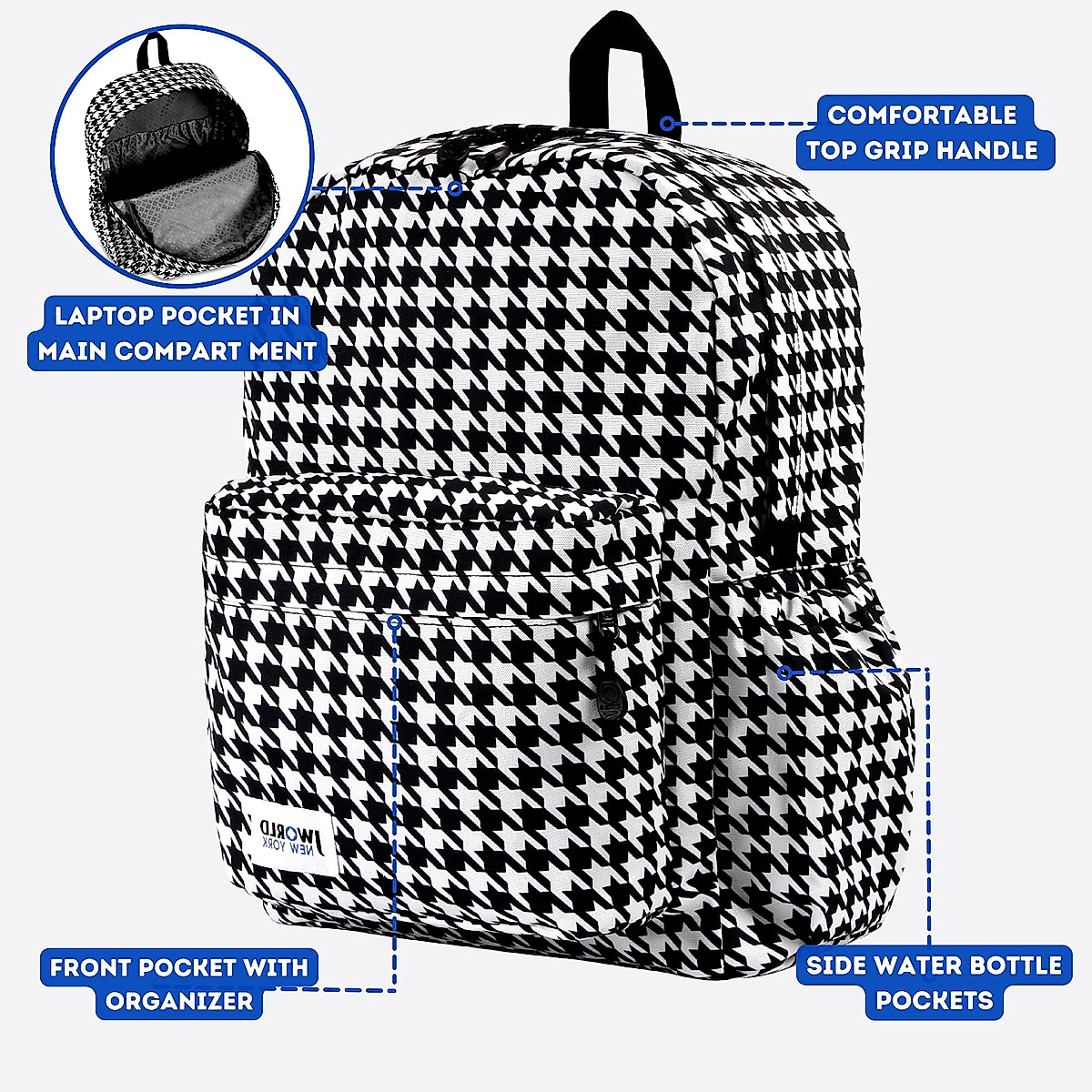 J World New York Oz Backpack for Teen Girls Boys Womens School Bookbag, Houndstooth, One Size