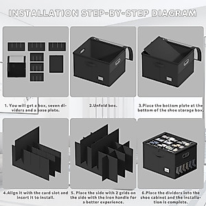 Shoe Organizer for Closet,Fits 16 Pairs,Leather Fabric Shoe Storage Bins with Clear Cover,Shoe Box Storage Containers,Adjustable Dividers for Storage with 4 Handles (Black, (19.7 * 15.7 * 13) x1)