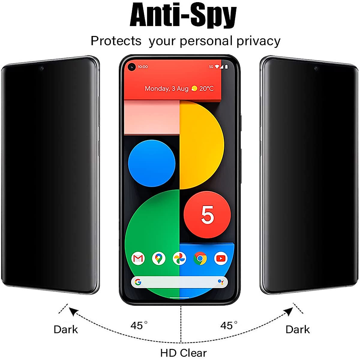 AISELAN for Google Pixel 5 Privacy Tempered Glass, [2 Pcs] Anti-Spy Anti-Scratch Anti-Peeping Privacy Screen Protector Proteceive Film for Google Pixel 5