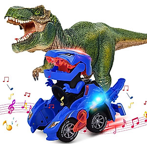 INLAIER Transforming Dinosaur Toys, Transforming Dinosaur Car with LED Light and Music Automatic Transform Dino Car for 2 and Up Year Old Kids Christmas Birthday Gifts (Blue)