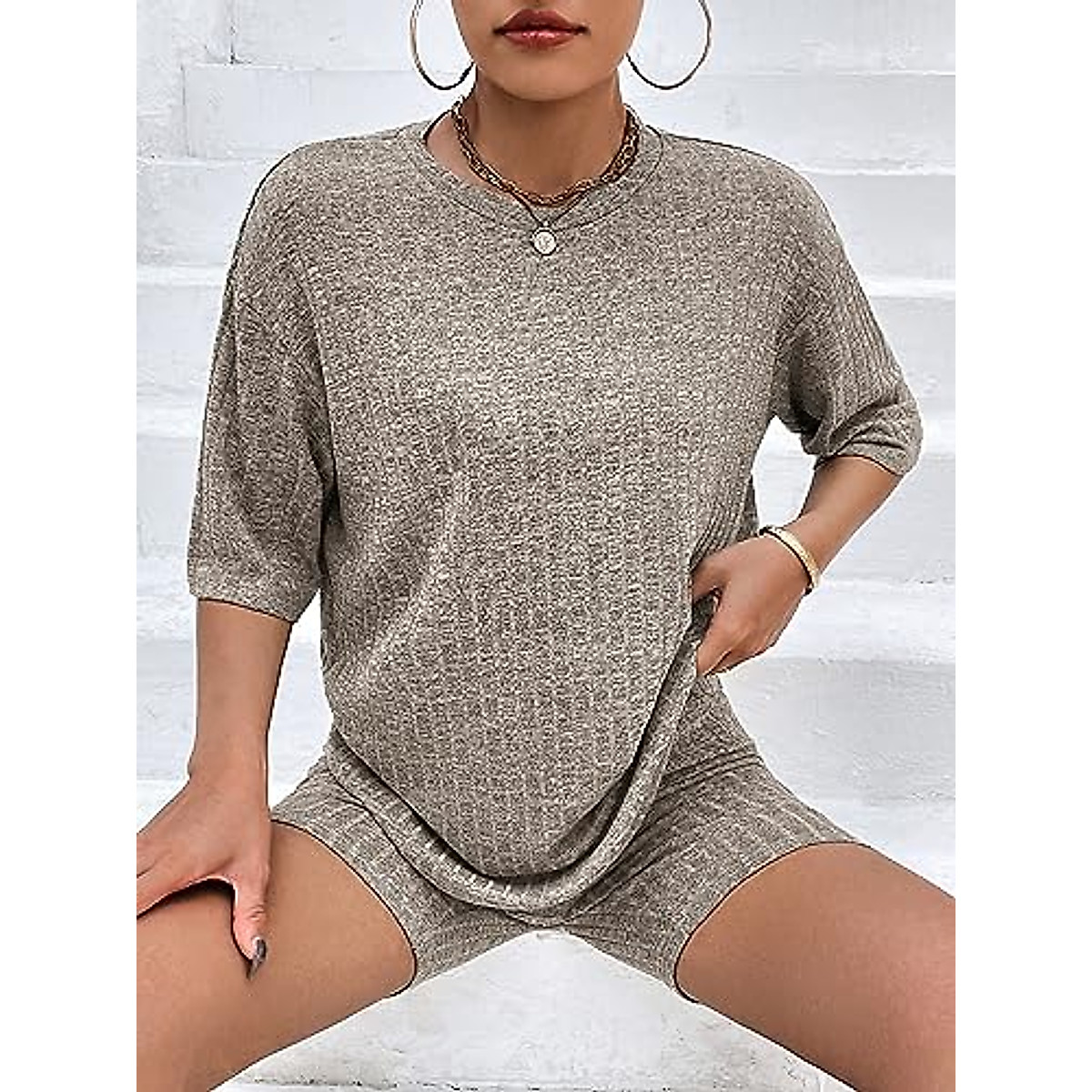 Ekouaer Pajamas 2 Piece Lounge Sets Ribbed Knit Matching Outfits T-shirt Biker Shorts Sleepwear Loungewear Sweatsuits Camel Large