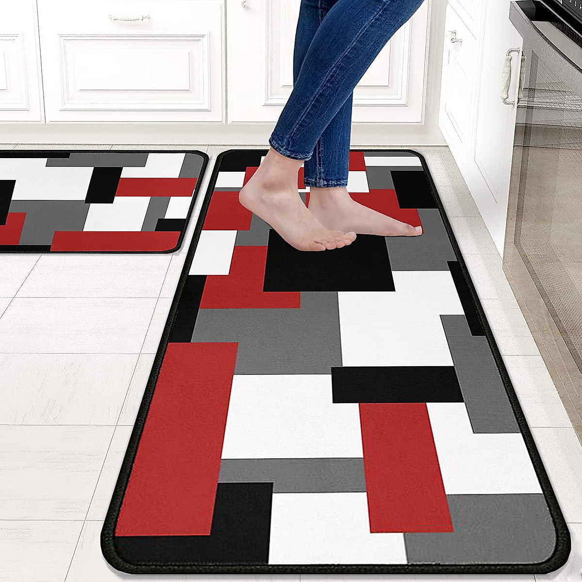 Red Black White Geometric Patterns Kitchen Rugs and Mats Set of 2,Modern Decoration Style Kitchen Mat Non-Slip Absorbent Mats for Sink Waterproof Runner Rug for Laundry Room 17x30+17x48inch