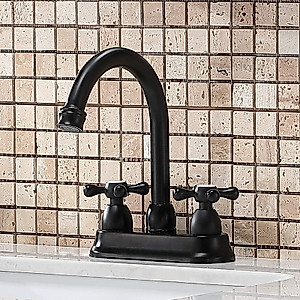 UFaucet 4 Inch Centerset Matte Black Bathroom Faucet, 2 Cross Handle 3 Hole RV Camper Bathroom Sink Faucet, 360° Swivel Spout Stainless Steel Lavatory Basin Bath Vanity Without Accessories Only Faucet