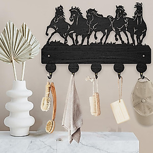 BEUNITONE Horses Wooden Key Hanger Animal Wood Key Holder Hooks 11.8x7.9 Rustic Key Rack Organizer Wall Mounted Coat Hook with 5 Hooks Screws for Entryway Front Door Kitchen Hallway Office Decor