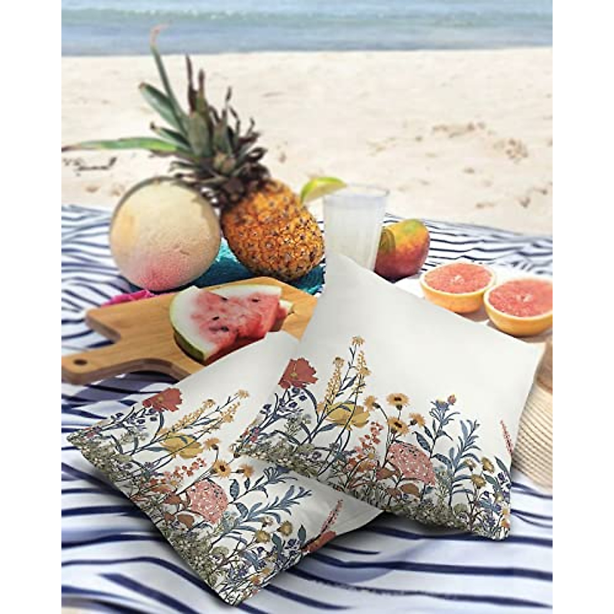 Outdoor Pillow Covers 18 x 18 Inches, Fall Wild Flowers Waterproof Throw Pillow Cover Set of 2, Rustic Autumn Botanical Leaves Home Decorative Square Cushion Covers for Patio/Tent/Couch/Garden