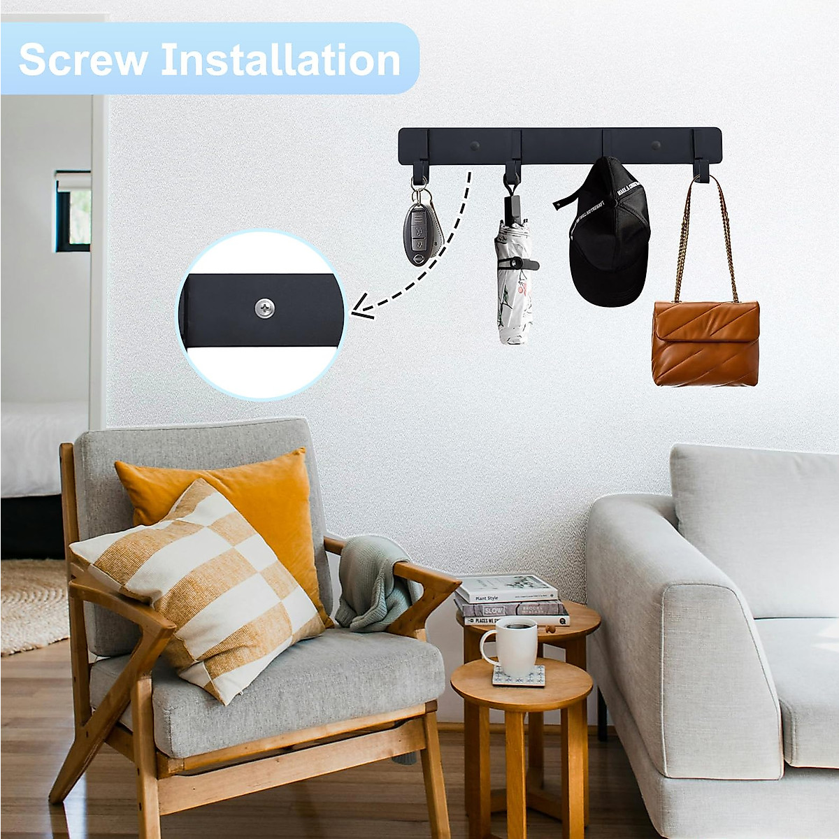 ADAMUMU Key Holder Hanging Utensil Holder with 4 Hooks Black Versatile Kitchen Rail Efficiently Organize Kitchen Towels Utensils and Small Cookware to Maximize Space