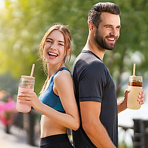 VITEVER 20 OZ Glass Cups with Bamboo Lids and Straws - Beer Can Drinking Glasses with Silicone Protective Sleeve Set, Iced Coffee Glasses, Cute Tumbler Cup for Water, Tea, Gift - Pink, Amber