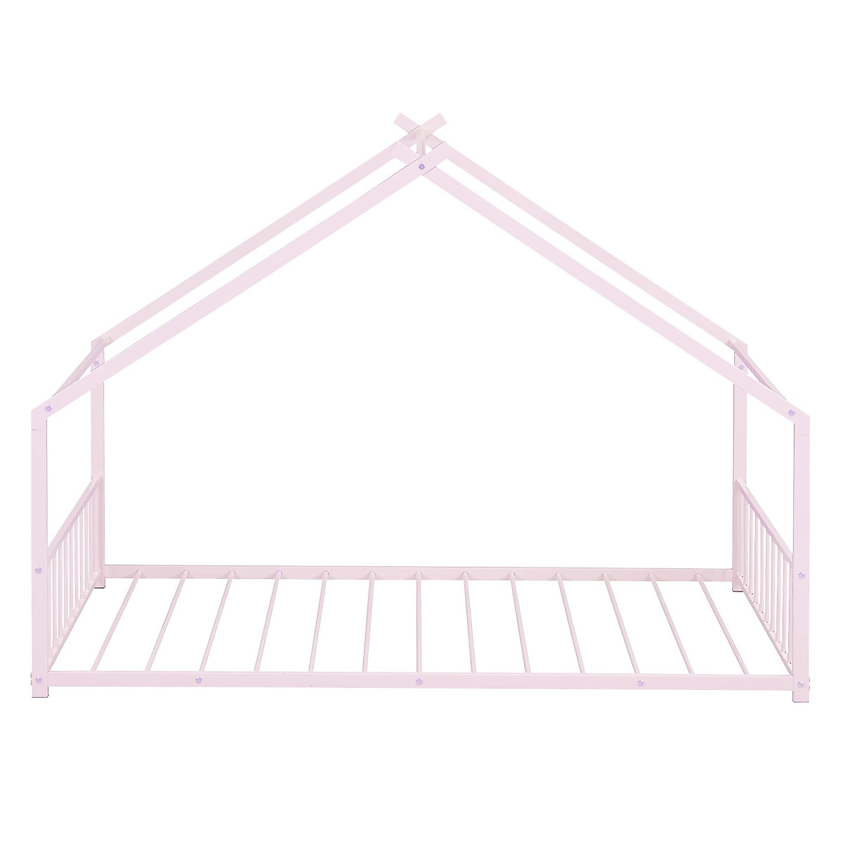 THINK 30 Twin Size House Bed for Kids, Metal Floor Bed Frame with Fence, Fun Montessori Playhouse Bed for Girls and Boys, Teens (Pink, Twin)