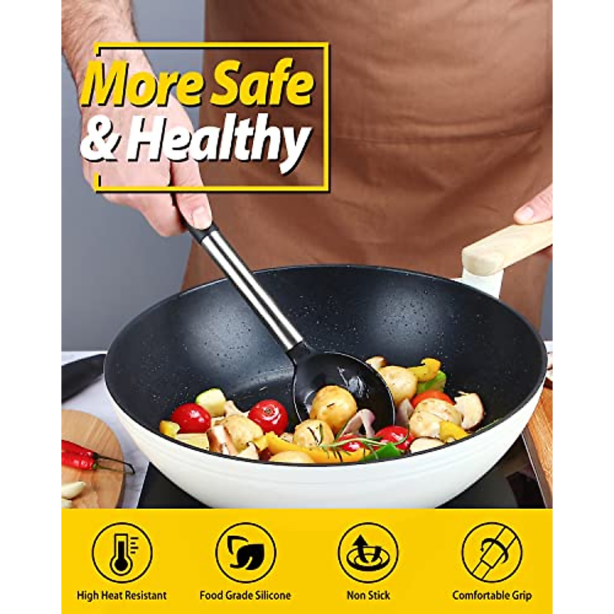 Pack of 2 Large Silicone Cooking Spoons,Non Stick Solid Basting Spoon,Heat-Resistant Kitchen Utensils for Mixing,Serving,Draining,Stirring (BLACK)