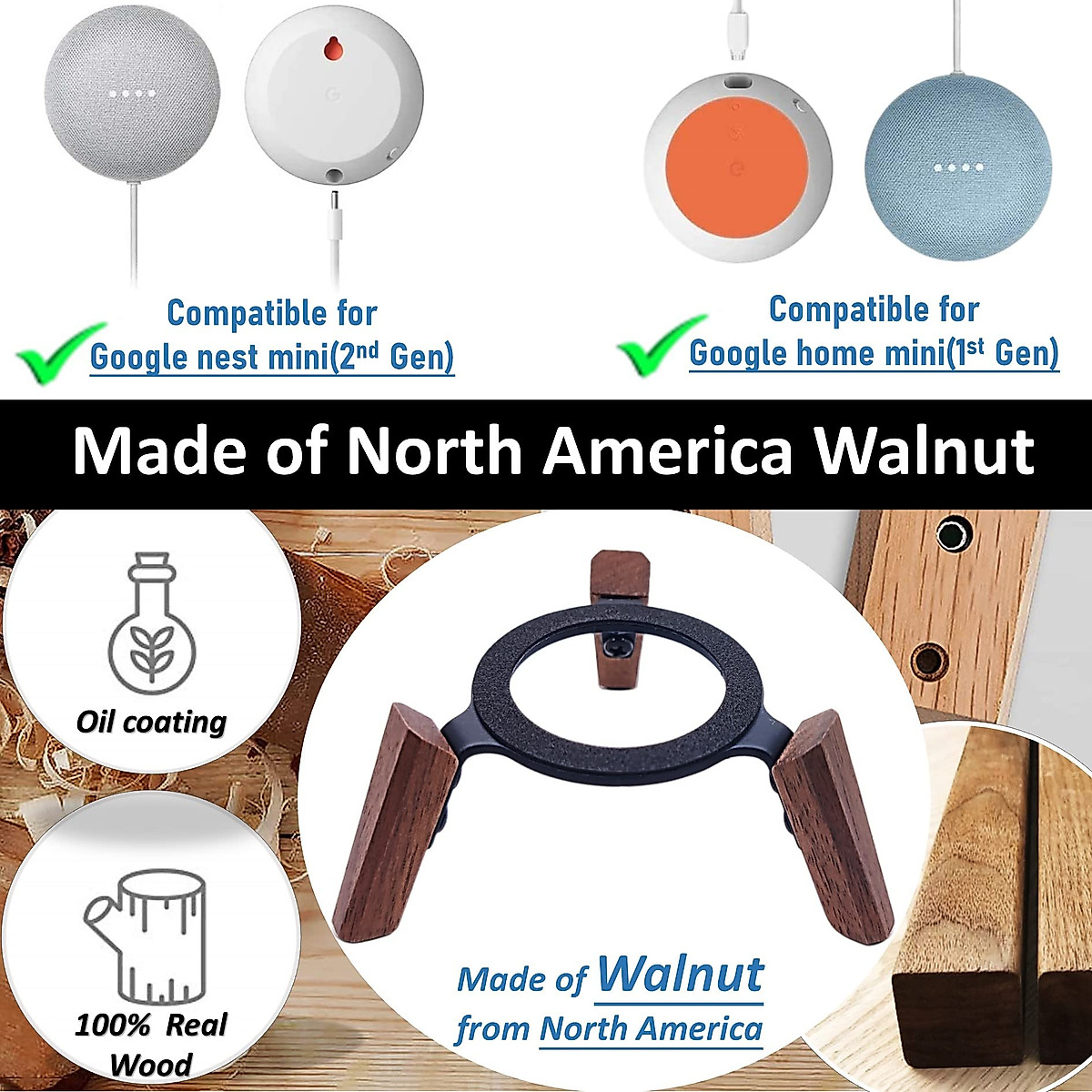 Real Wood Holder Compatible for Google Home Mini,nest Mini(2nd gen),Small Secure Tripod Accessories for Speaker Better Sound,Sturdy Durable Stable Wooden Stand for Home Mini Smart Speaker(Walnut)