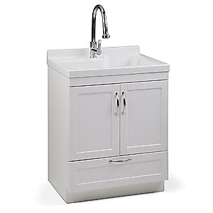 SIMPLIHOME Maile All-in-One Utility Sink & Cabinet, Pure White, 28-inch Laundry Cabinet, Pull-out Faucet, ABS Sink, Storage Drawer for Laundry Room, Mudroom, Garage