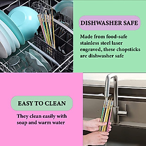 EMRSTORES Stainless Steel Chopsticks -Premium Metal Chopsticks with Titanium Plating - 5 Pairs Dishwasher Safe Chopsticks Reusable - Easy to Use - Square Lightweight Chop Sticks Gift Set