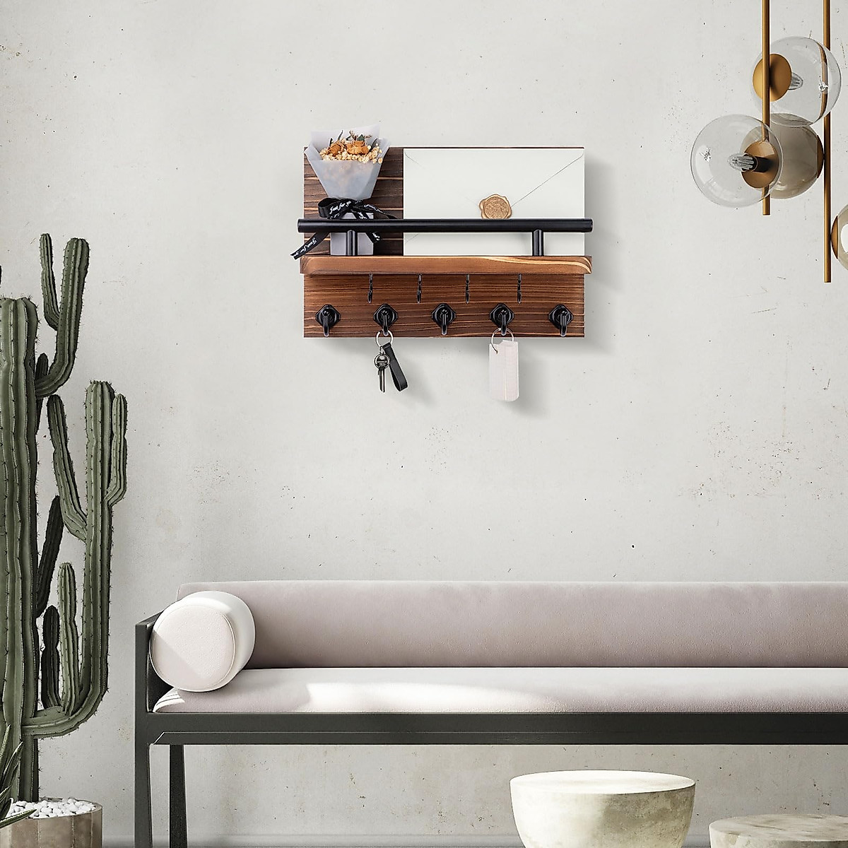 Nekon Key Holder for Wall with Shelf, Entryway Wall Organization with 9 Hooks, 9.8 Inch Wooden Key and Mail Holder with Mounting Screw Pack (Brown)