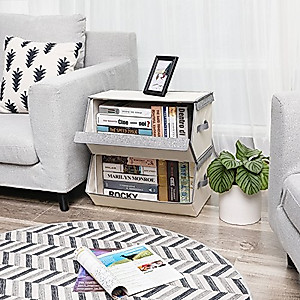 SONGMICS Large Bins with Lids and Handles, Stackable Storage Organizers with Linenette and Oxford Fabric for Clothes and Kid’s Toys, Set of 2, Gray and Beige URLB03GE