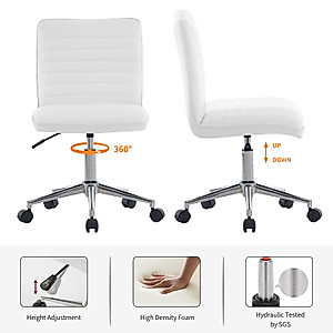 Furnimart Faux Leather Mid-Back Armless Office Desk Chair Adjustable Task Chair Home Office Chair Small Swivel Chair Dorm Chair with Smooth Casters (PU White)