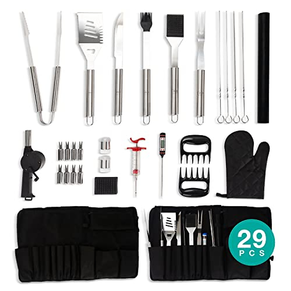 Pepe Nero Grill Smoker Barbecue Accessories Tools Set - 29 Pcs Stainless Steel BBQ Flat Top Grill Tool Kit with Case for Outdoor Cooking & Camping – Deluxe Grilling Gift for Men (Canvas Bag)