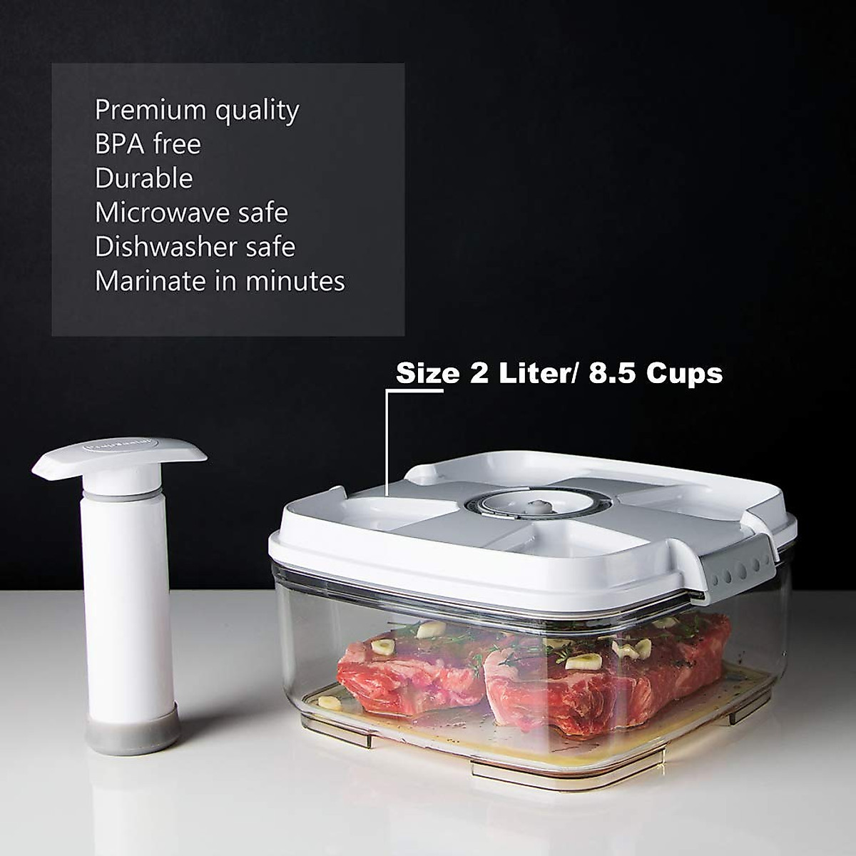 PrepSealer Marinating BPA-free Tritan Vacuum Container (2L Square + Pump) White