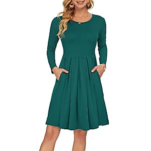 AUSELILY Women's Long Sleeve Dress Pleated Loose Swing Casual Dress with Pockets Knee Length Dresses 2025 New Dark Green M