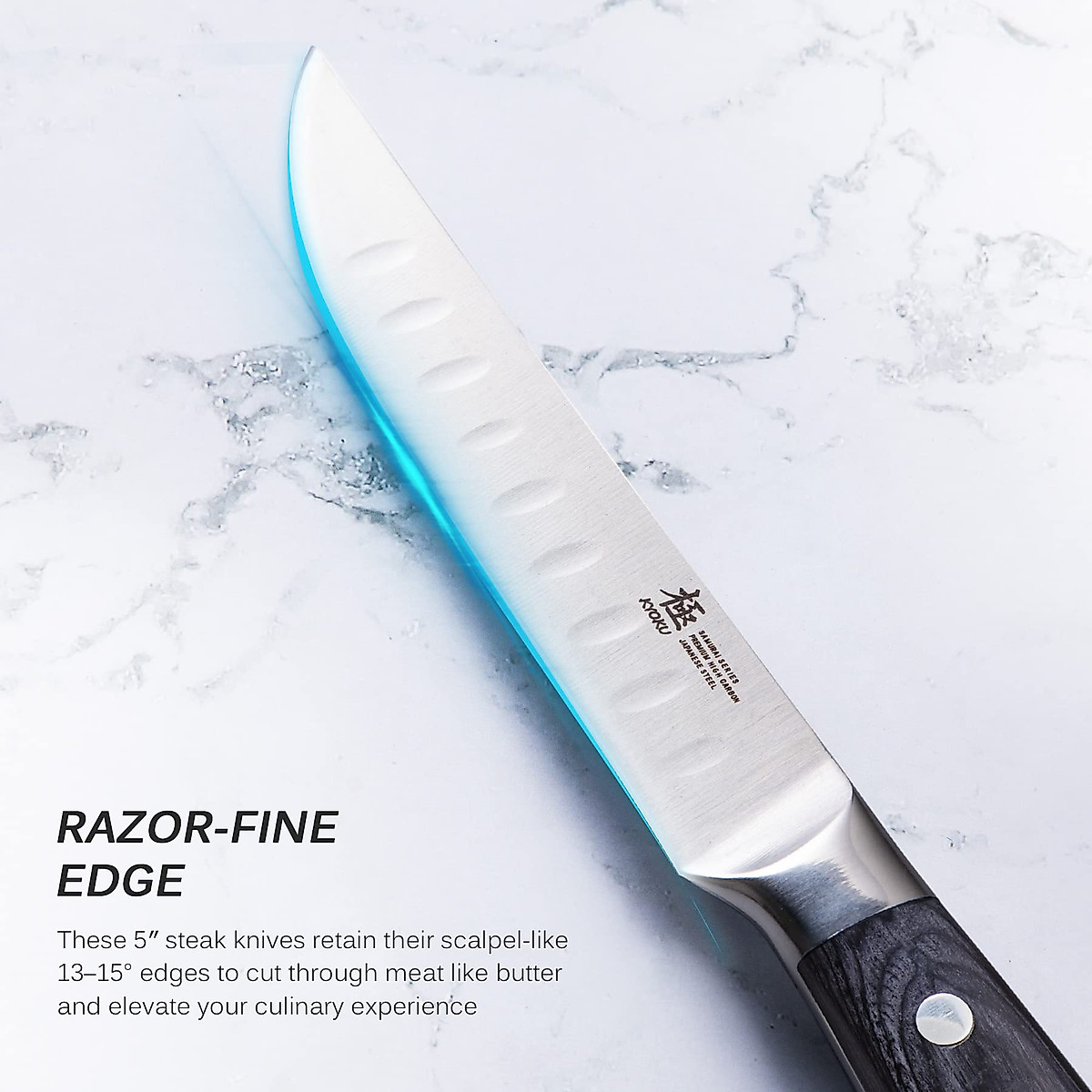 KYOKU Steak Knife Set of 6, Samurai Series 5" Steak Knives, Non Serrated High Carbon Steel Knives Set with Case Pakkawood Handles Mosaic Pins Sheaths, Ultra Sharp Dinner and Kitchen Knife Cutlery Set