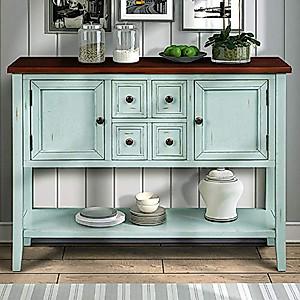 P PURLOVE Console Table Buffet Table with Storage Drawers Cabinets and Bottom Shelf (Antique Blue)