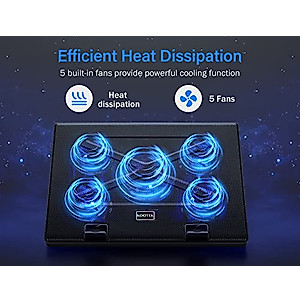 Kootek Laptop Cooling Pad 12"-17" Cooler Pad Chill Mat 5 Quiet Fans LED Lights and 2 USB 2.0 Ports Adjustable Mounts Laptop Stand Height Angle, Blue