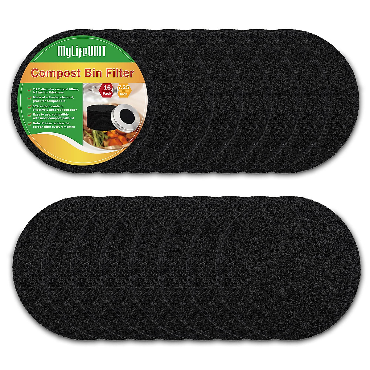 MyLifeUNIT 16 Pack Compost Bin Filter, Kitchen Compost Pail Charcoal Filter Replacements (7.25 inches)