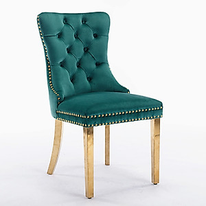 i-POOK Velvet Upholstered Dining Chairs Set of 2, High-end Tufted Wingback Dining Room Chairs with Ring Pull, Nailhead Trim and Gold Metal Legs, Luxury Dining Chairs for Living Room Kitchen, Green