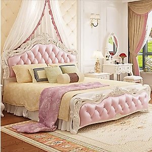 BIGMAII Faux Leather Crystal Tufted Bed Frame Victorian Style Solid Wood Bed, Queen Size Platform Bed French Vintage Royal Bed with Upholstered Headboard and Footboard, Pink