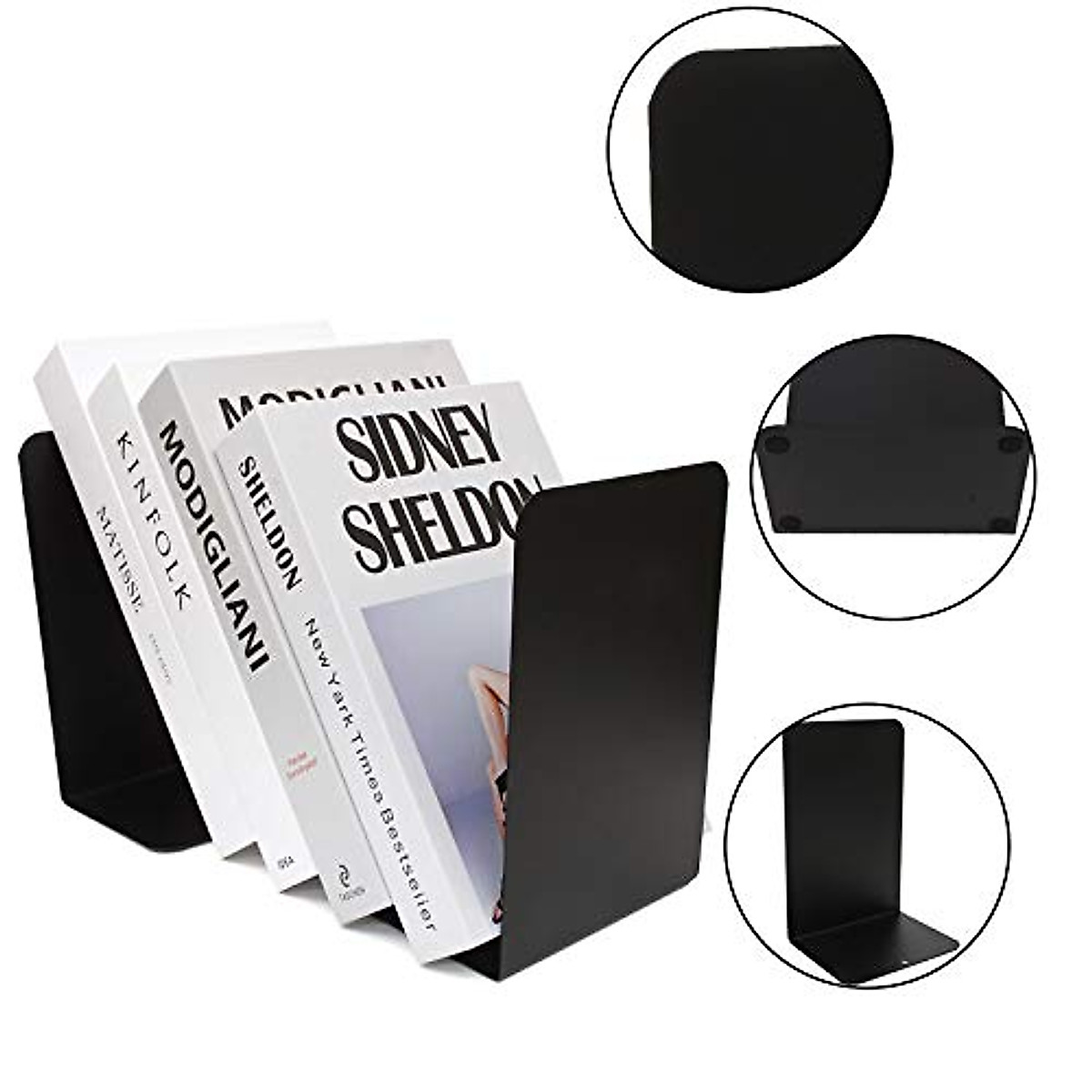 ZOEYES 6 Pcs Black Metal Bookends 8.0x3.9x5.3 Inch, Heavy Duty Book Ends for Shelves, Nonskid Book Holders and Book Stopper for Books Notebooks Files Magazines DVDs - Great for Office, Home, School