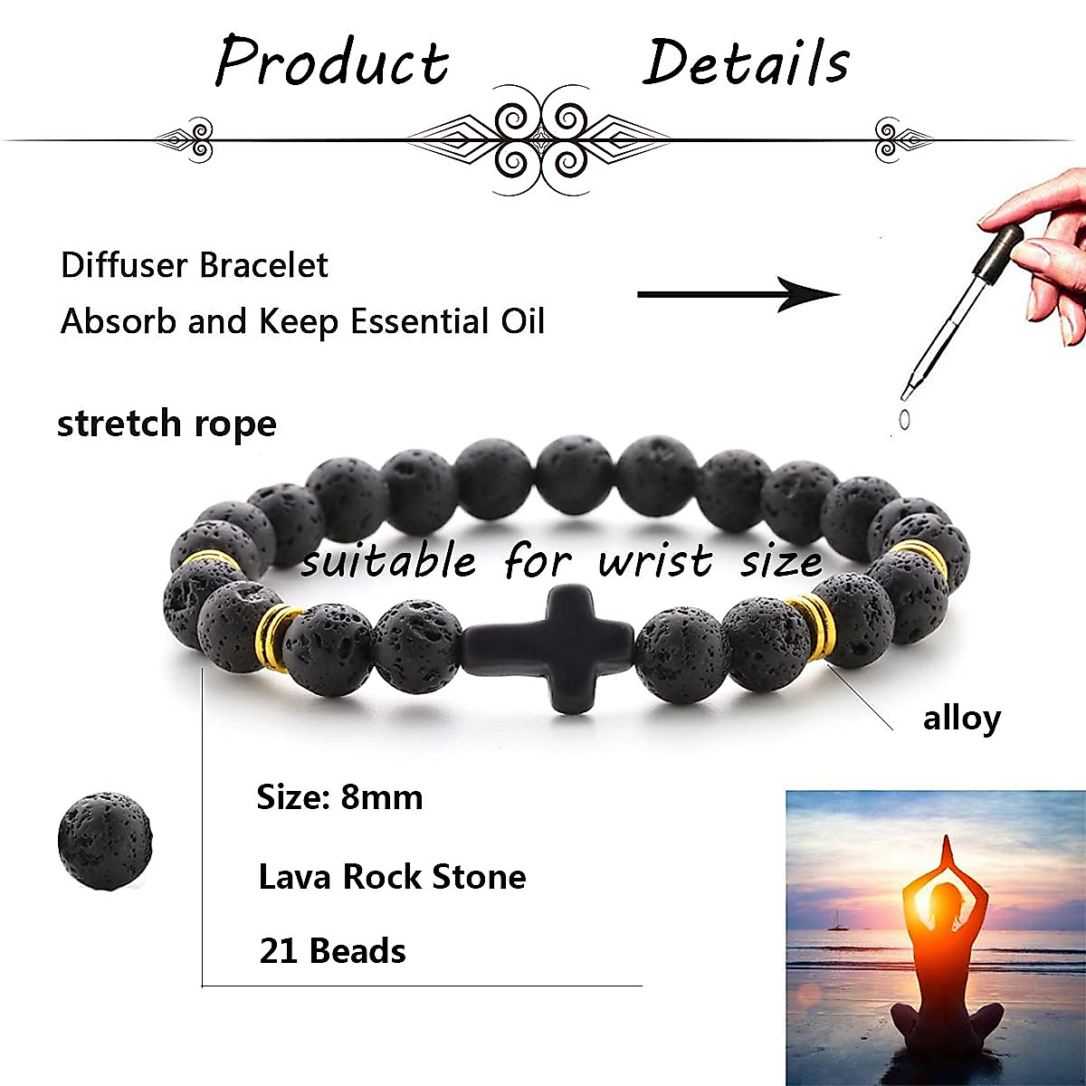 MOZAKA 12Pcs 8MM Cross Beads Bracelet for Men Women Lava Rock Tiger Eye Stone Howlite Stone Stretch Elastic Bracelet Set