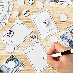 Teling 24 Pcs Reusable Cards Multifunctional Tokens Dry Erase Cards White Blank Flash Cards Erasable Index Cards, 24 White Erasable Plastic Counters Gaming Tokens Discs and 5 Marker Pens for Game