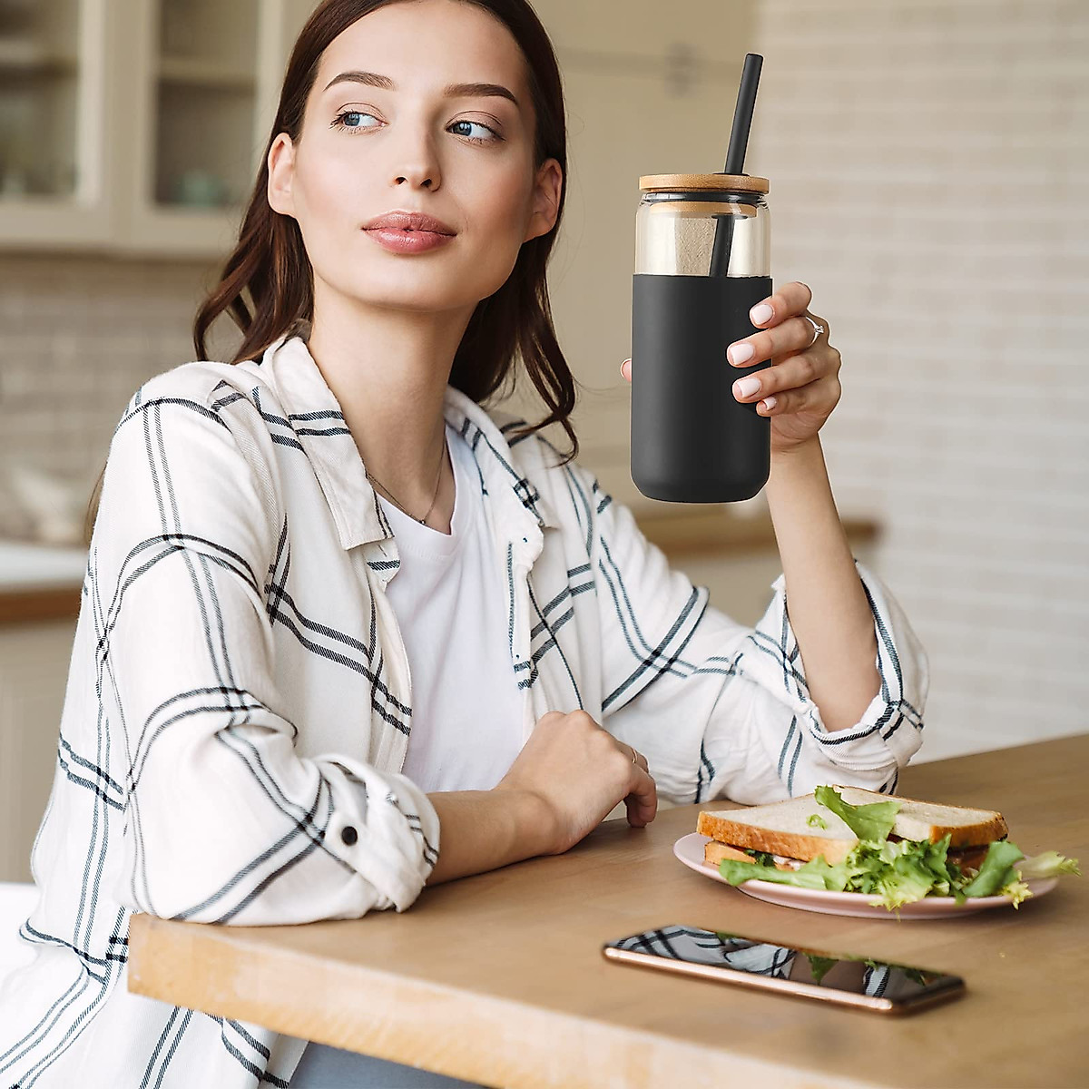 20oz Glass Water Tumbler with Silicone Protective Sleeve - Beer Can Glass Cups with Straw and Bamboo Lid, Iced Coffee Glasses, Cute Drinking Glasses for, Water Smoothie, Boba Tea, Gift - Black