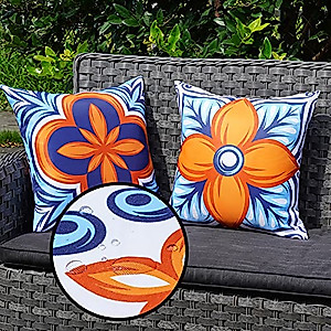 ONWAY Outdoor Pillow Covers Waterproof 18x18 Set of 4 Floral Boho Decorative Throw Cushion Cover Farmhouse Pillows for Bench, Couch, Patio Furniture