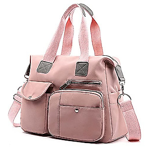 Women Utility Tote Bag Waterproof Nylon Multi Pocket Shoulder Bags Work Bag Teacher Purses and Handbags for Nurses (Baby Pink)