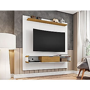 Manhattan Comfort Camberly 62.36" Floating Entertainment Center with 3 Shelves and Overhead Décor Shelf, White and Cinnamon