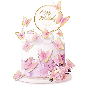 11-Pieces Pink Gold Butterfly Cake Toppers Happy Birthday Metal Gold Happy Birthday Cake Topper Butterfly Birthday Cake Decorations Cake Butterfly Party Decorations
