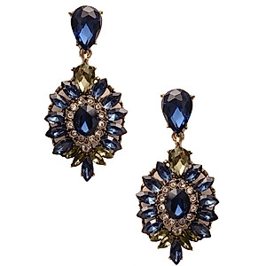 Large Antique Art Deco Vintage Retro Style Blue Sapphire Citrine Rhinestone Wedding Bridal Prom Statement Earrings