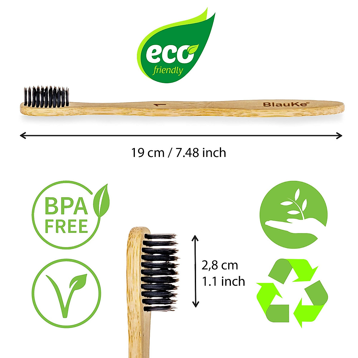 BlauKe Bamboo Toothbrushes Soft Bristles 4-Pack – Biodegradable, Sustainable, Natural, Eco-Friendly – Black Charcoal Wooden Toothbrushes