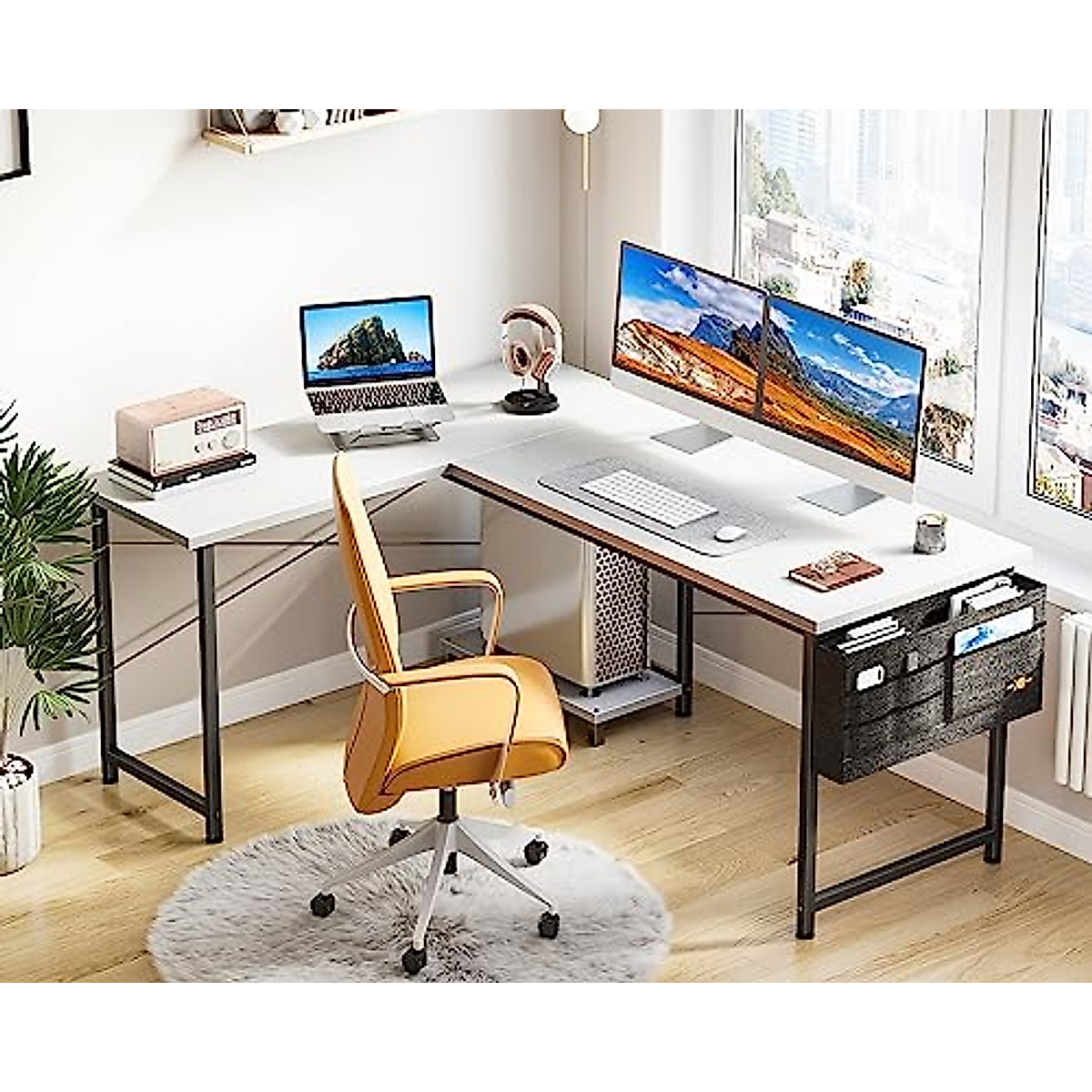 ODK L Shaped Desk with Storage Bag - 50 Inch Home Office Desk with Host Stand, White Reversible Computer Corner Desk for Bedroom Studio, Modern PC Gaming Desk for Study Writing