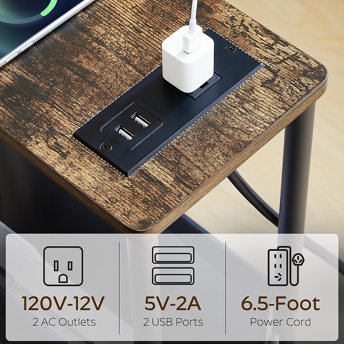 YATINEY Narrow End Table with Charging Station, Slim Side Table with Storage, Skinny End Table with Magazine Holder, Narrow End Table, Nightstand for Bedroom, Living Room, Rustic Brown ET05BR