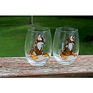Red Fox Hand Painted Stemless Wine Glass Set of 2 Fall Farmhouse Home Decor