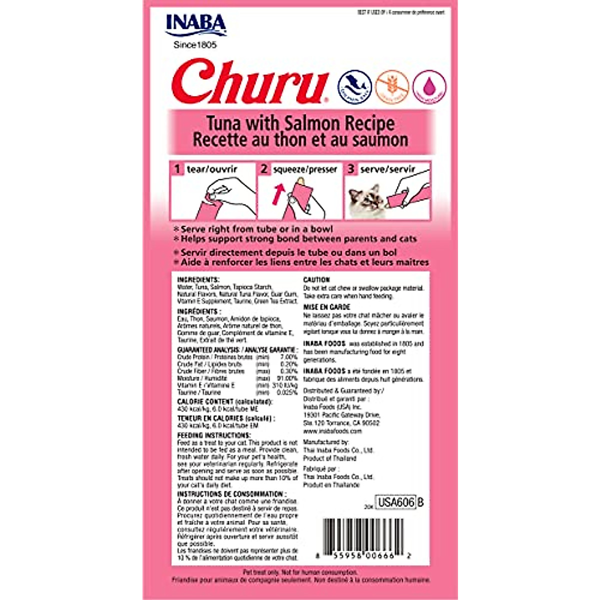 INABA Churu Cat Treats, Grain-Free, Lickable, Squeezable Creamy Purée Cat Treat/Topper with Vitamin E & Taurine, 0.5 Ounces Each Tube, 4 Tubes, Tuna with Salmon Recipe