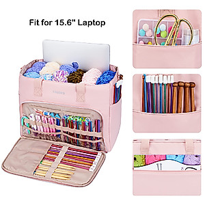 Leudes Crochet Tote Bag, Knitting Bag Fits 15.6 Inch Laptop Yarn Storage Organizer Large Yarn Holder Hook Case for Knitting & Crochet Supplies (Pink)