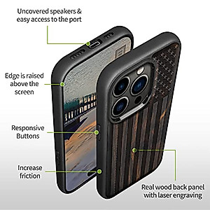 Carveit Magnetic Wood Case for iPhone 14 Pro Max [Natural Wood & Black Soft TPU] Shockproof Protective Cover Unique & Classy Wooden Case Compatible with magsafe (American Flag -Blackwood)