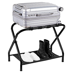 Heybly Luggage Rack,Pack of 2,Steel Folding Suitcase Stand with Storage Shelf for Bedroom, Hotel, Foldable Steel Frame, Guest Room Bedroom Hotel, 26.2" L x 14.4" W x 20.5" H, Black,HLR004B2