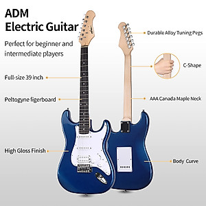 ADM Electric Guitar Beginner Kit 39 Inch Full Size Guitar Package with Amplifier, Bag, Strap, String, Tuner, Cable and Picks, Blue
