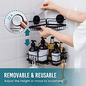 TAILI Suction Shower Caddy 2 Pack with Hooks, Drill-Free Rotating Stainless Steel Shower Shelf Basket, Removable Heavy Duty Shower Rack Organizer for Bathroom, Black